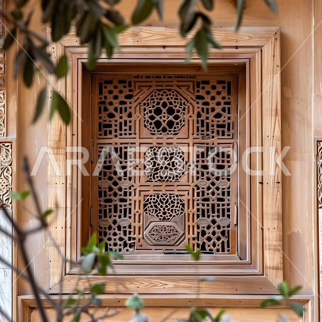 Wooden Mashrabiya window carved with intricate geometric patterns ...