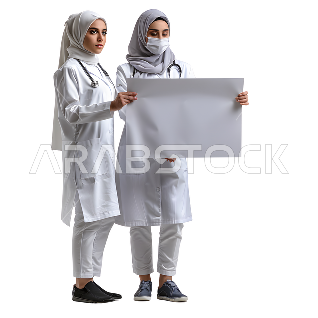 Billboard mockup, portrait of two Saudi Arabian Gulf female doctors ...