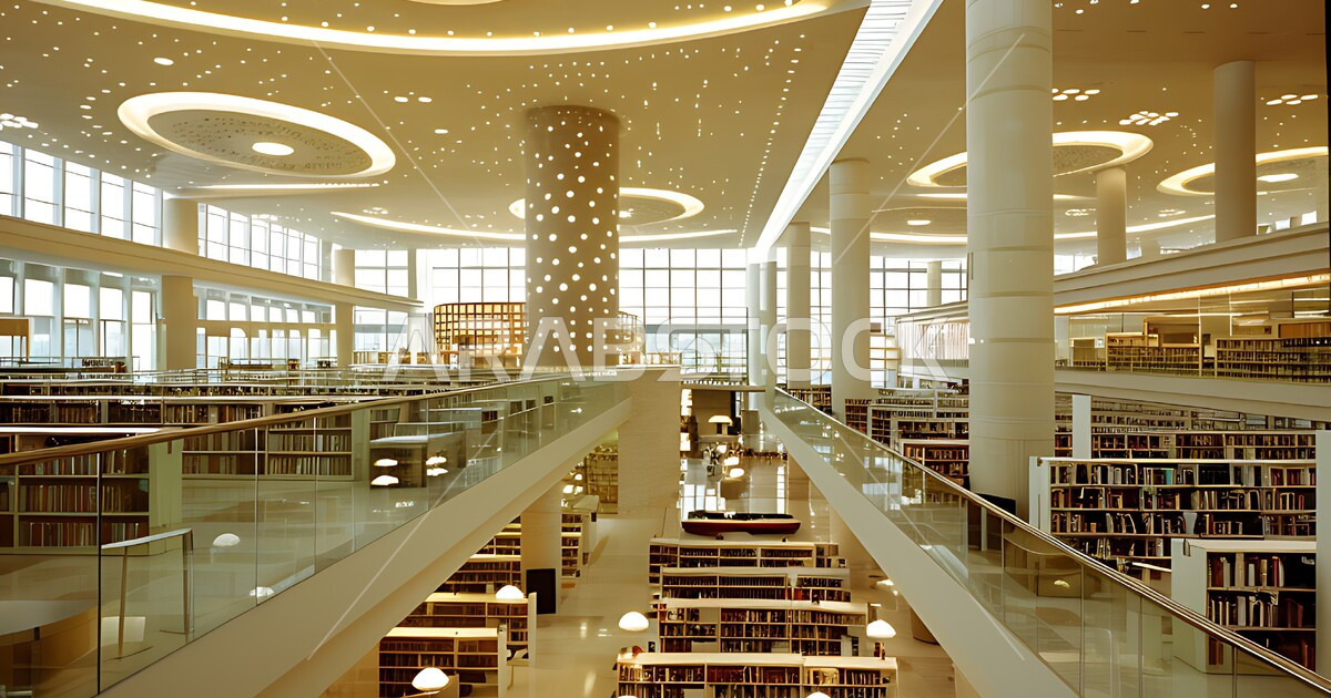 A modern library in Saudi Arabia with rows of bookshelves, comfortable ...