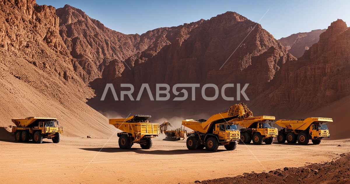 جرافات هيدروليكية تقوم بأحد اعمال التعدين لنقل وتفريغ التراب في الأماكن ...