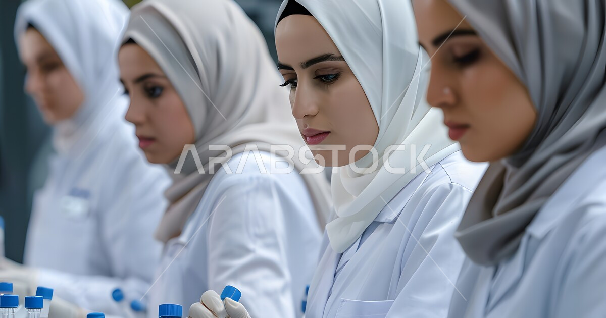A team of Saudi Arabian Gulf laboratory technicians wearing gloves ...