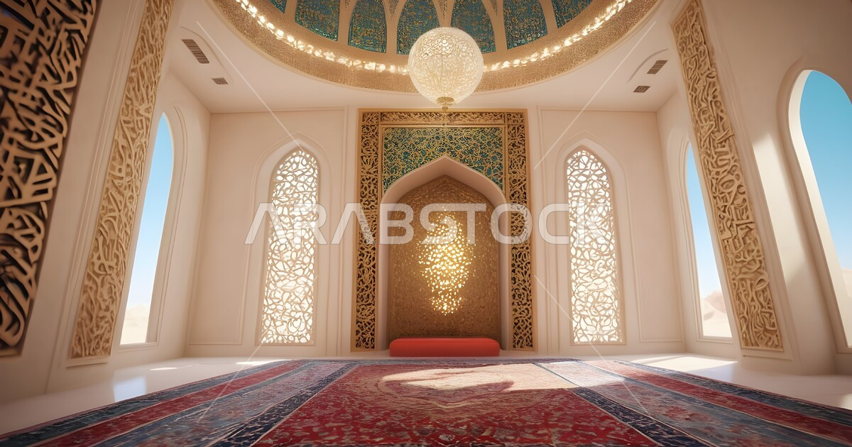 محراب ومنبر للصلاة في احد المساجد في المملكة العربية السعودية, الزخارف ...