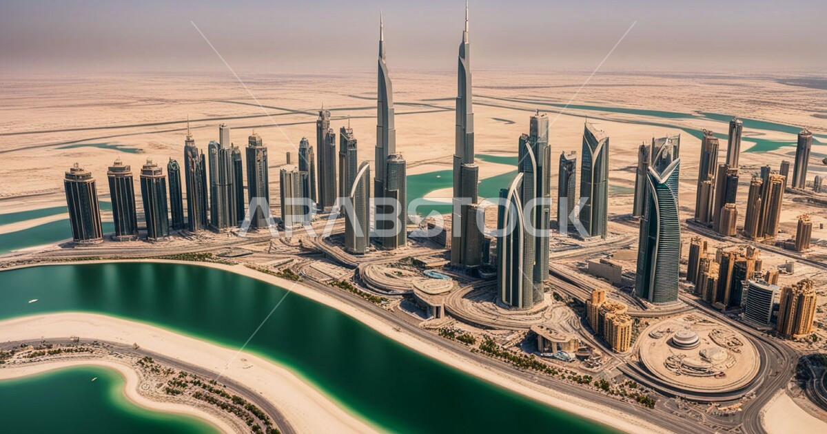 Building a modern urban future in Dubai, high-rise commercial buildings ...