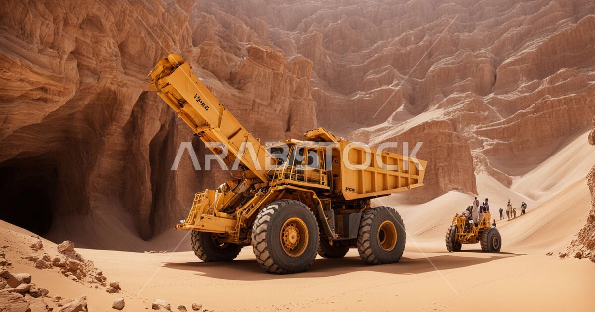 Highlands and mountain peaks in Saudi Arabia, a large truck working at ...