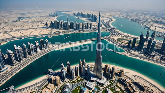 Future imaginary view of Dubai, towers and skyscrapers overlooking the ...