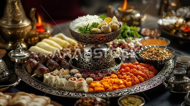 Meals and main dishes on the dining table, types of oriental Arab foods ...