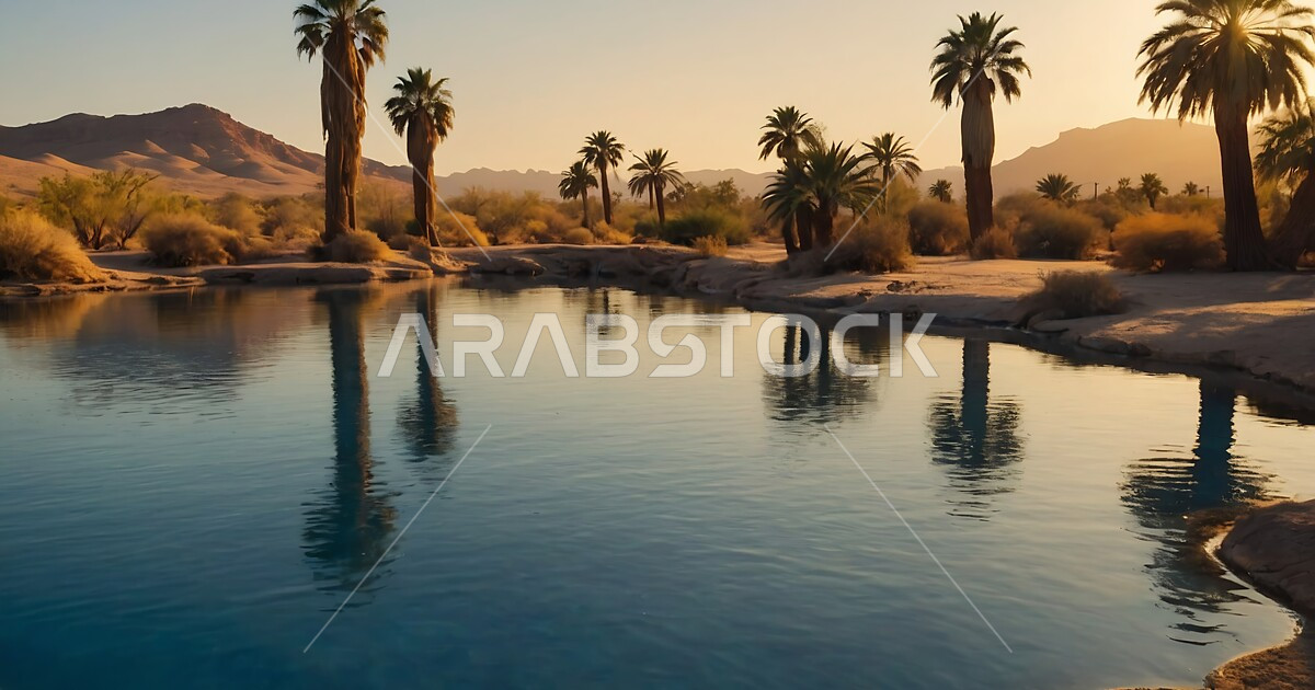 Water pool amidst oases and palm tree farms in desert nature, local ...