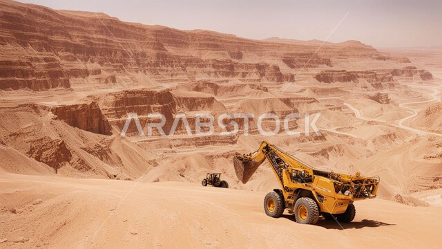 A number of cars and heavy machinery are digging and working at the ...