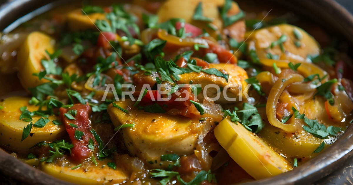 A plate of chicken with vegetables, traditional Arabic dishes and food ...