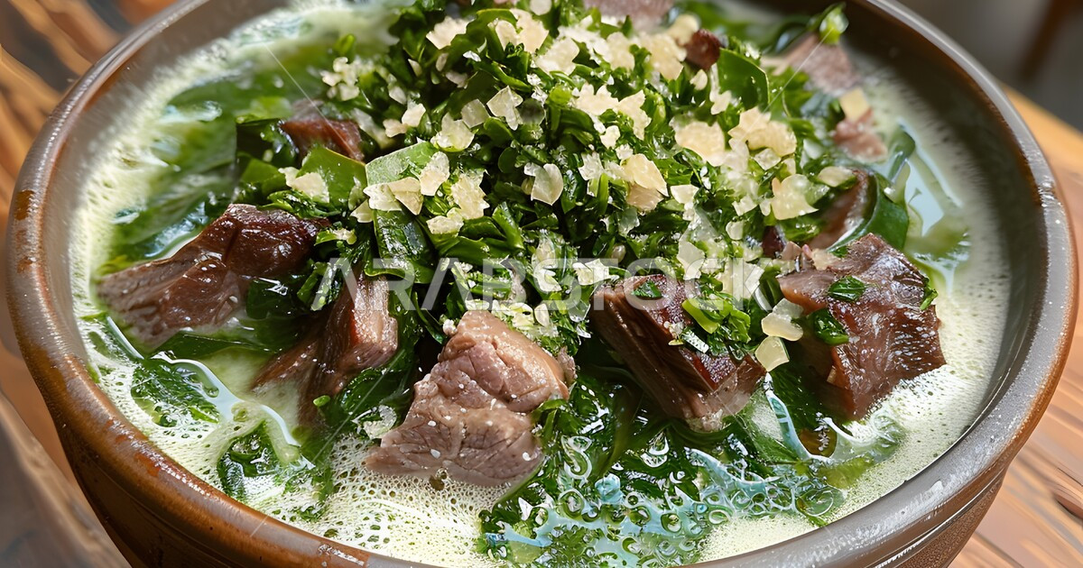 Delicious green soup with beef and toppings, the art of presenting ...