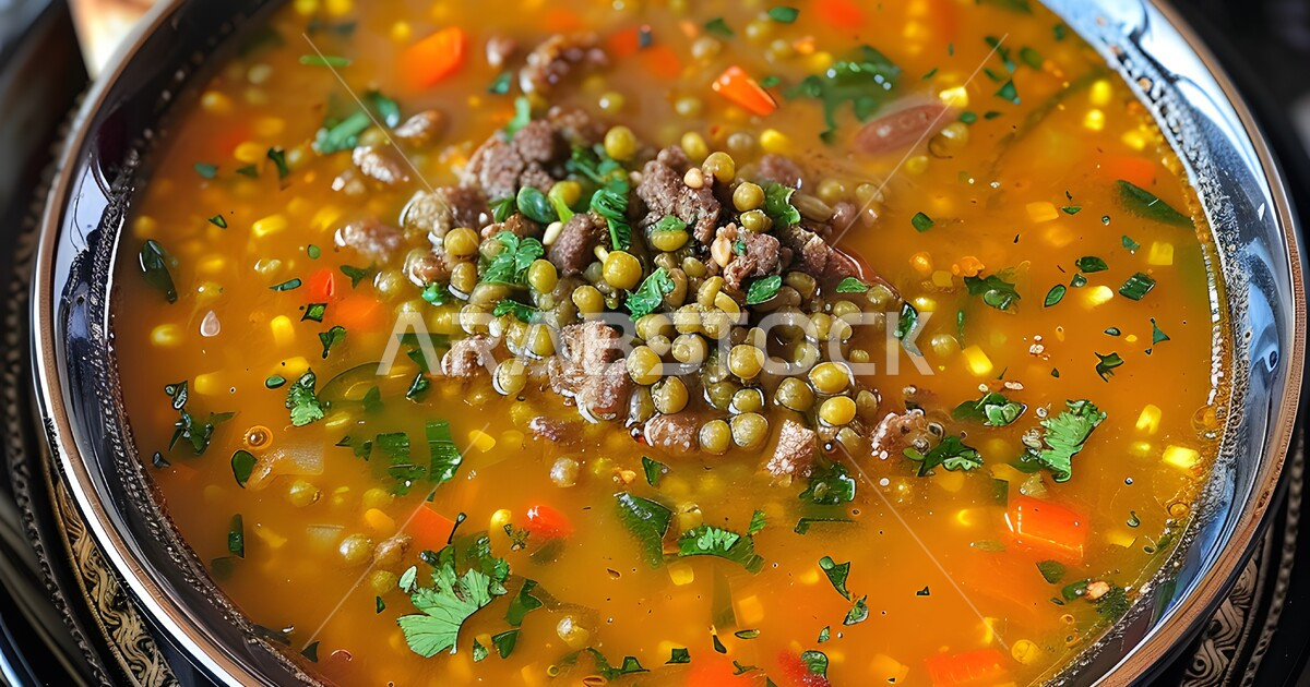 Green bean soup with corn and meat, the art of presenting food ...