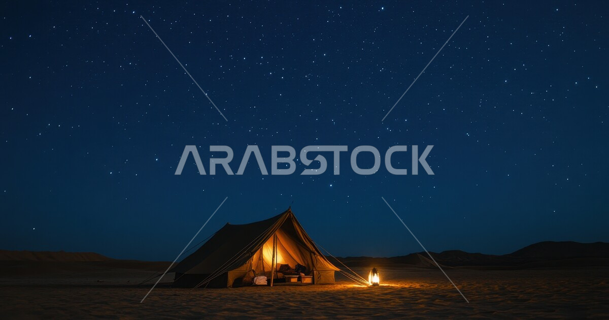 Soft golden terrain and sand at night, camping in the deserts of Saudi ...
