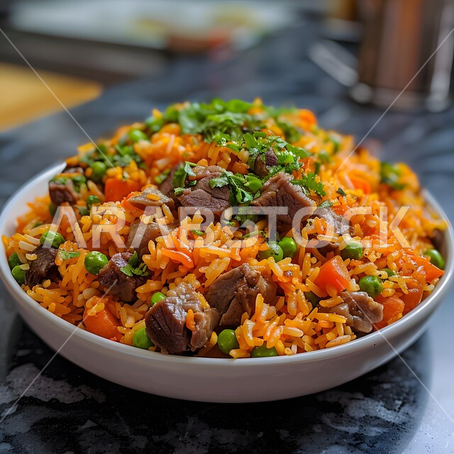 Traditional Arabic banquets and popular dishes, a plate of Kabsa rice ...
