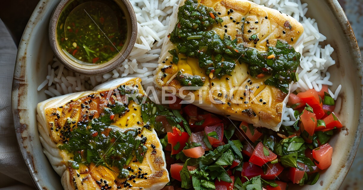 Healthy seafood, smoked grilled salmon fillet dish with white rice and ...