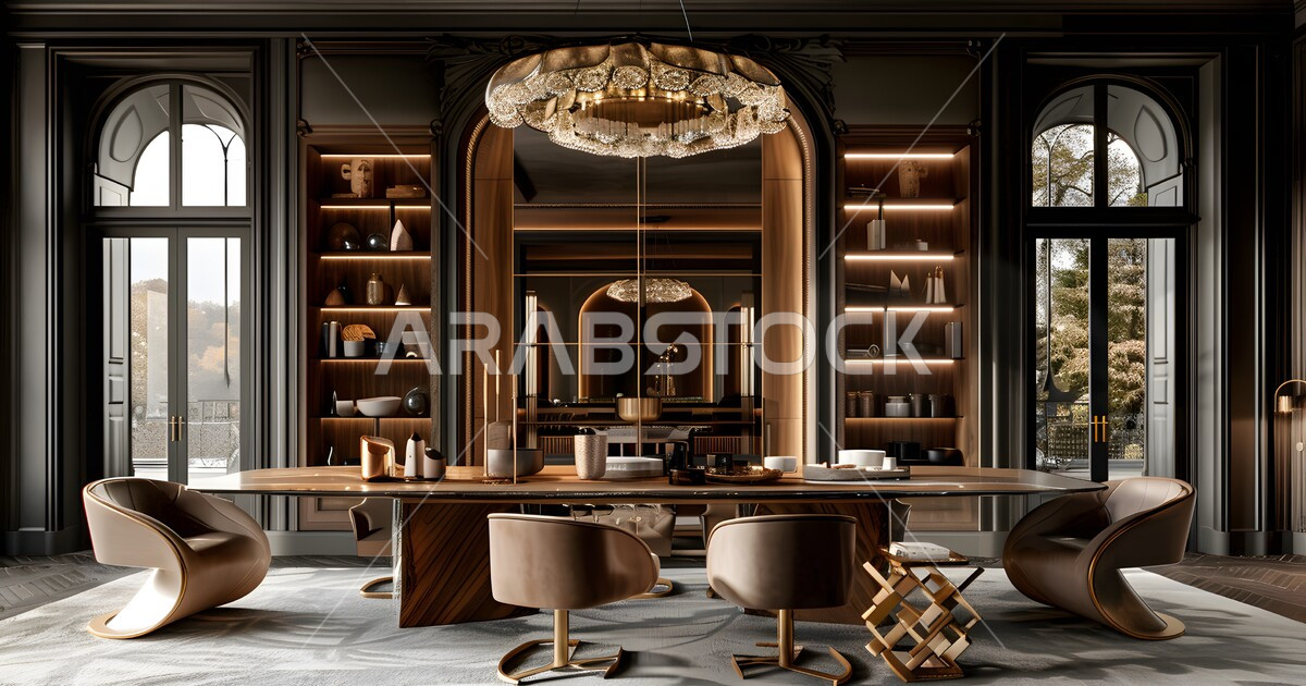 Windows and glass facades, office rooms with luxurious interior designs ...