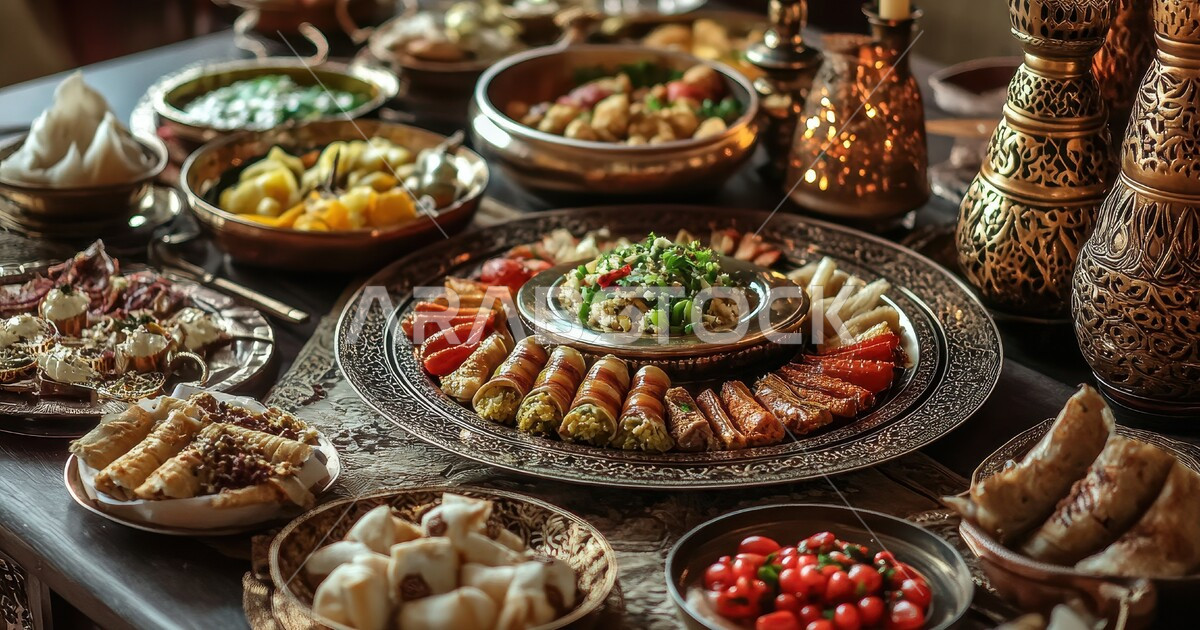 حلول موعد الإفطار عند اذان المغرب، سفرة مليئة بأصناف المأكولات ...