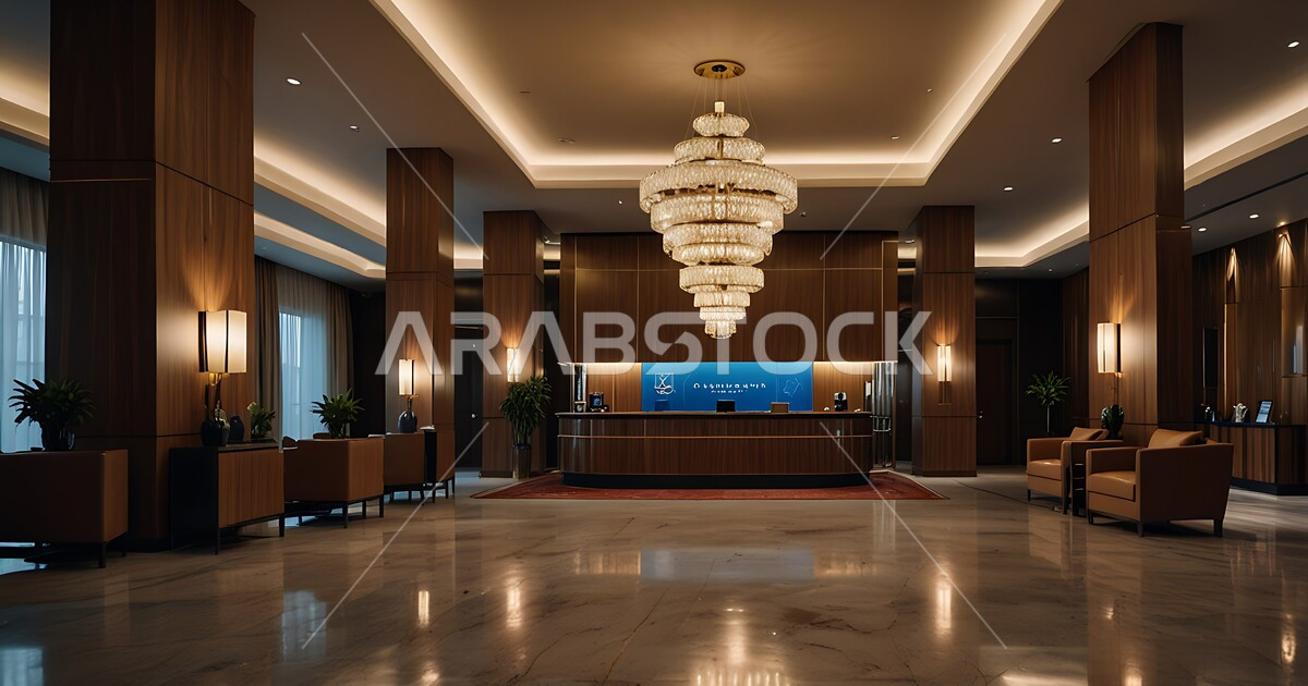 غرفة استقبال وردهة بديكورات داخلية راقية في إحدى الفنادق، التصاميم ...