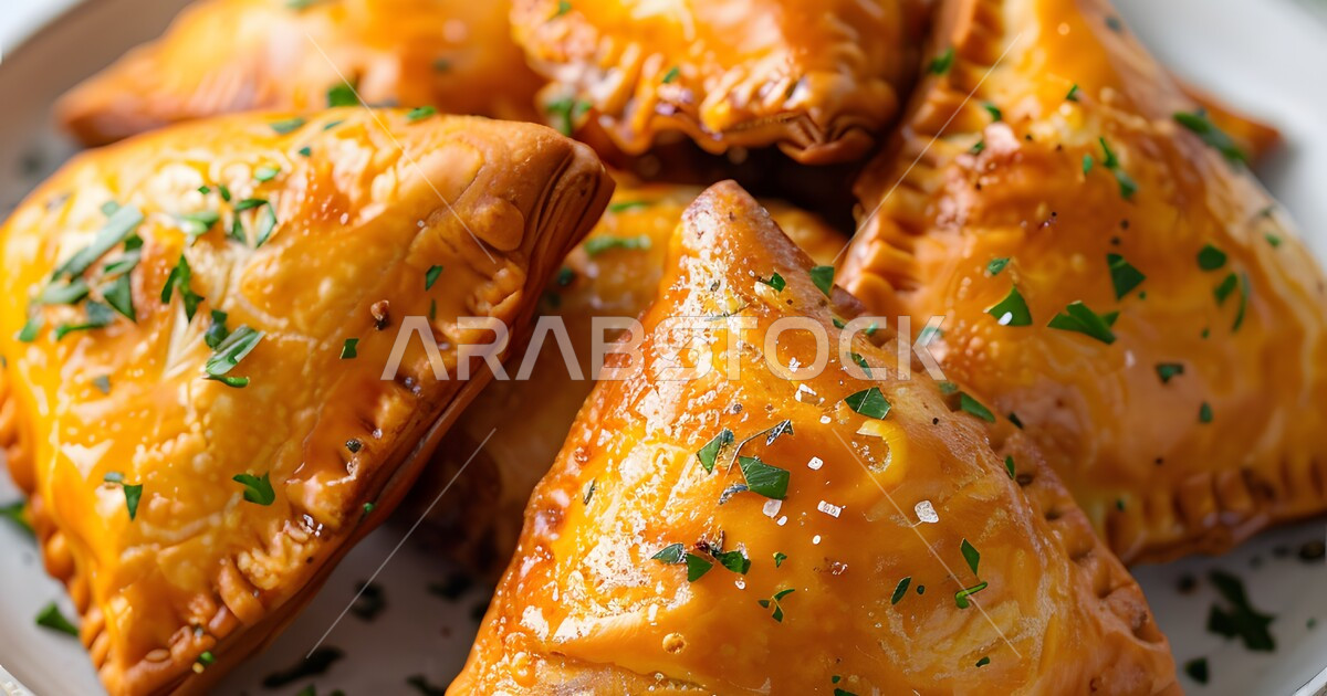 Pieces of golden samosa, close-up of a plate of crispy fried pancakes ...