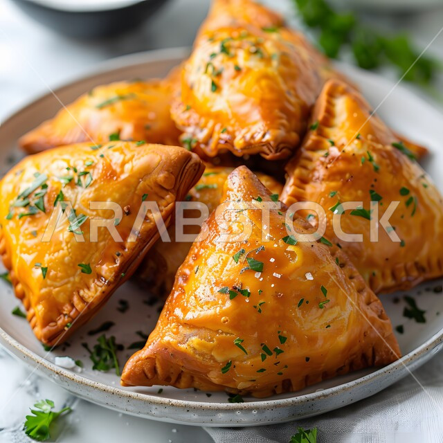 Pieces of golden samosa, close-up of a plate of crispy fried pancakes ...
