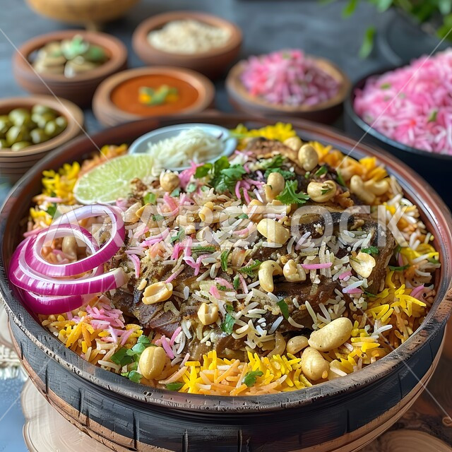 Traditional Arabic food and popular dishes, a plate of Mandi rice with ...