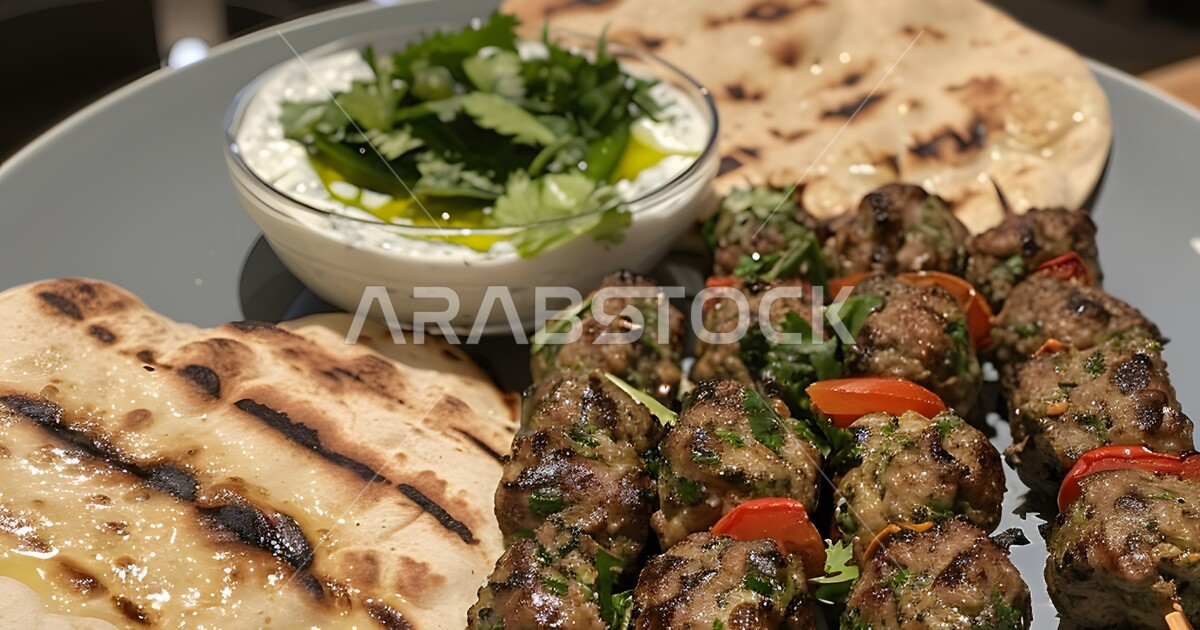 Grilled lamb kebab with flatbread and creamy yogurt sauce, delicious ...