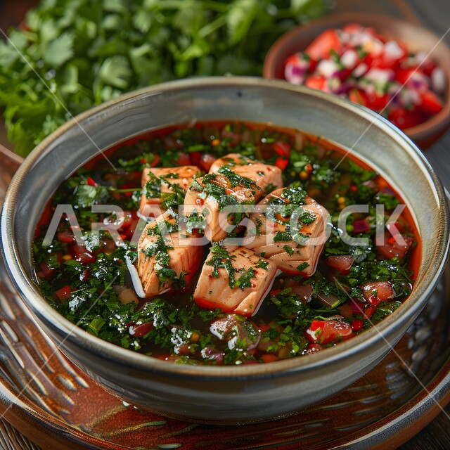 A plate of grilled fish pieces with hot sauce, delicious seafood ...
