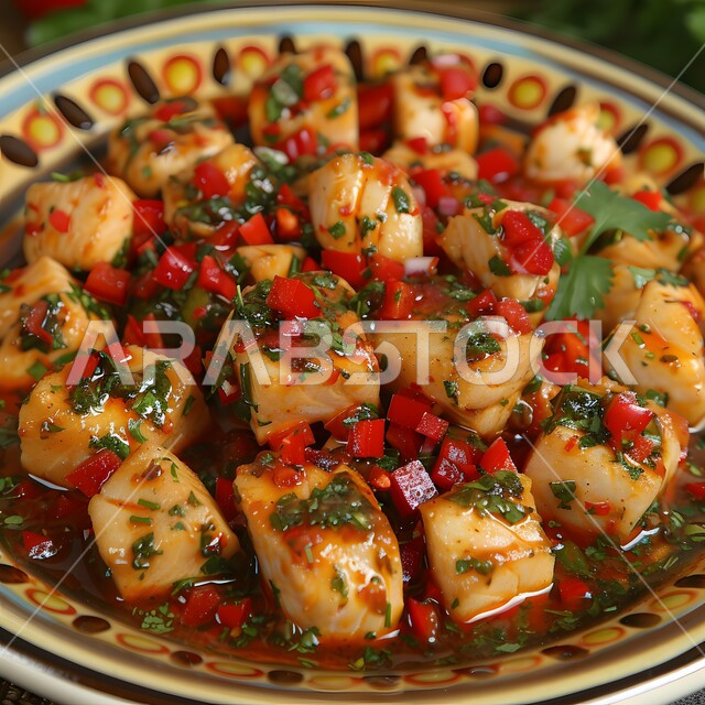 A plate of grilled fish pieces with hot sauce, delicious seafood ...