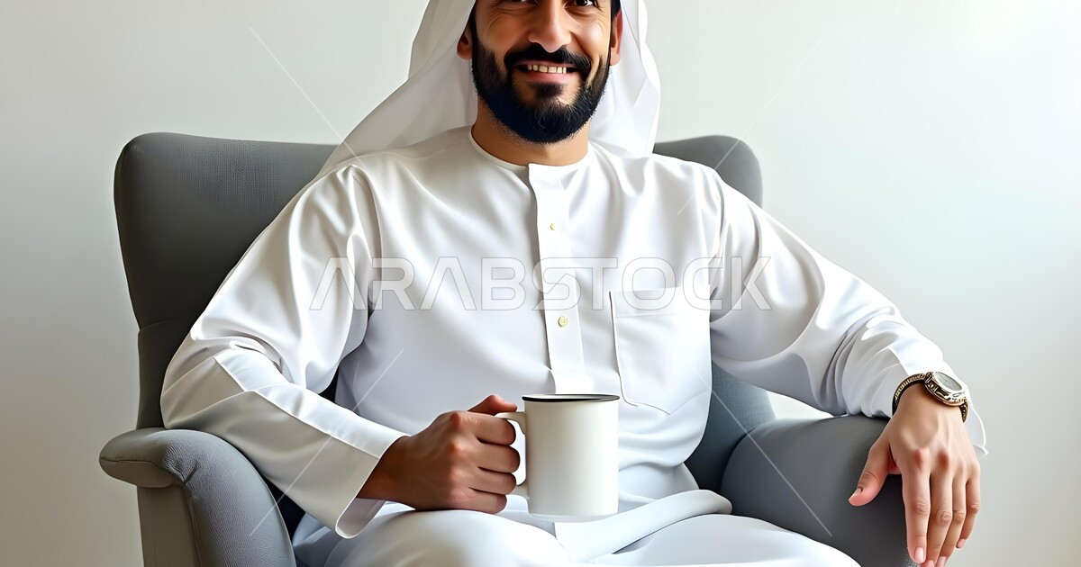 Enjoying hot drinks, close-up photo of an Emirati Gulf Arab man wearing ...