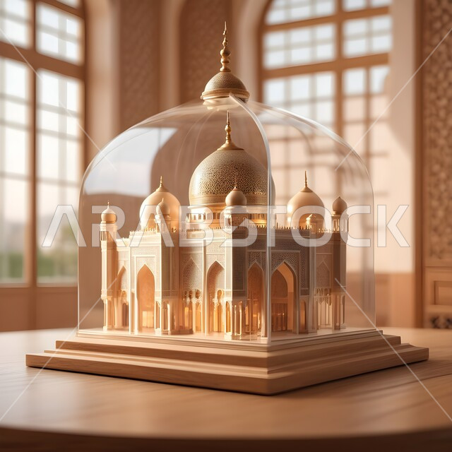 3D model of an Islamic style mosque inside a glass box on a wooden ...