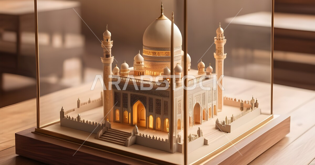 3D model of an Islamic style mosque inside a glass box on a wooden ...