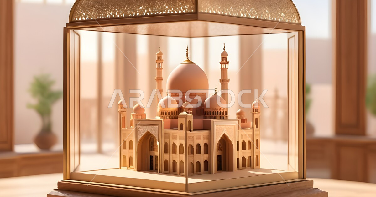 3D model of an Islamic style mosque inside a glass box on a wooden ...