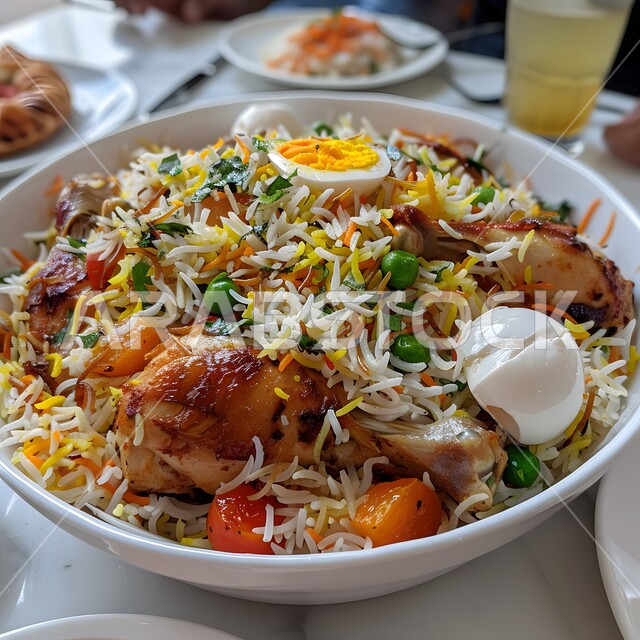 Chicken biryani with eggs and vegetables, a meal with high nutritional ...