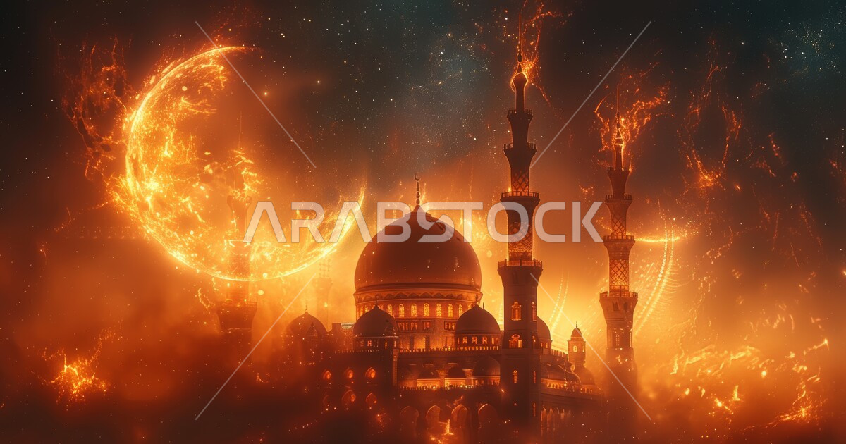 3D Ramadan Crescent Moon Over a Mosque in Saudi Arabia, Islamic ...