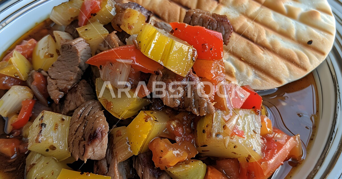 Beef and fried vegetables with naan bread, a meal with high nutritional ...