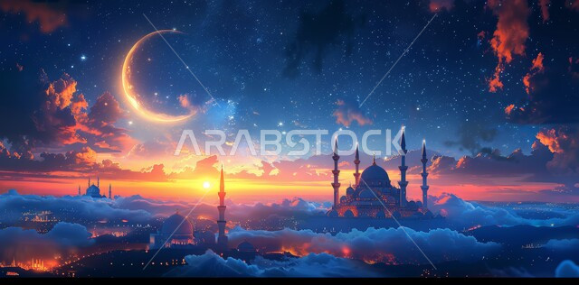 View of the crescent moon of the blessed month of Ramadan, celebrating ...