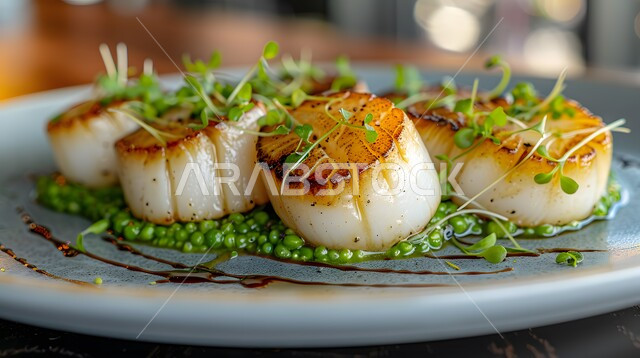 Delicious scallops with pea puree and baby vegetables, a meal with high ...