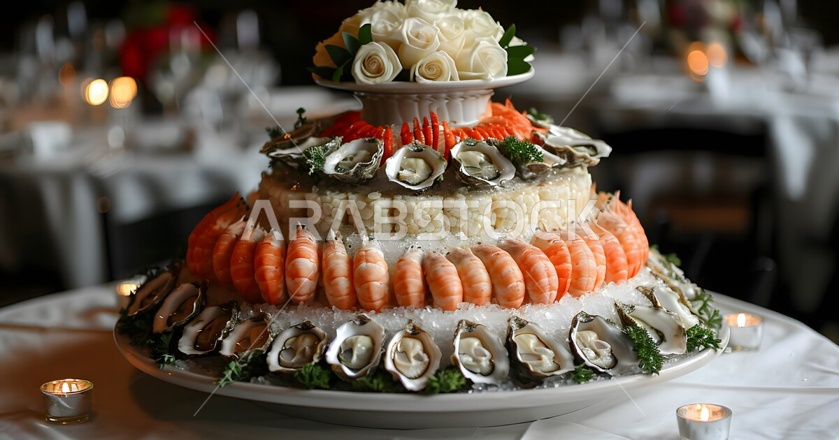 طبق المأكولات البحرية بأغلب انواعها من الروبيان والمحار وغيرها، وجبة ...