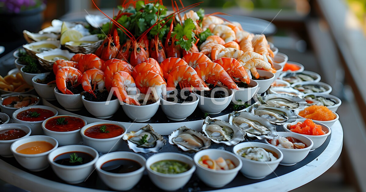 Seafood platter with most types of shrimp, oysters, etc., a meal with ...