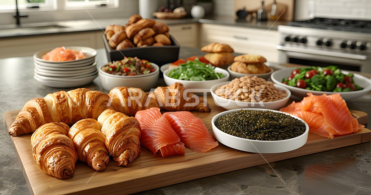 A delicious plate of salmon, caviar and croissant, a meal with high ...
