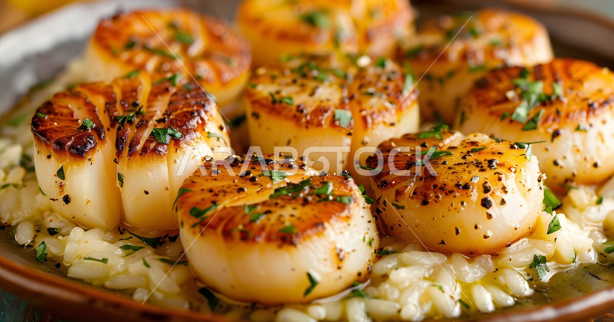 Grilled scallops with creamy risotto, a meal with high nutritional ...