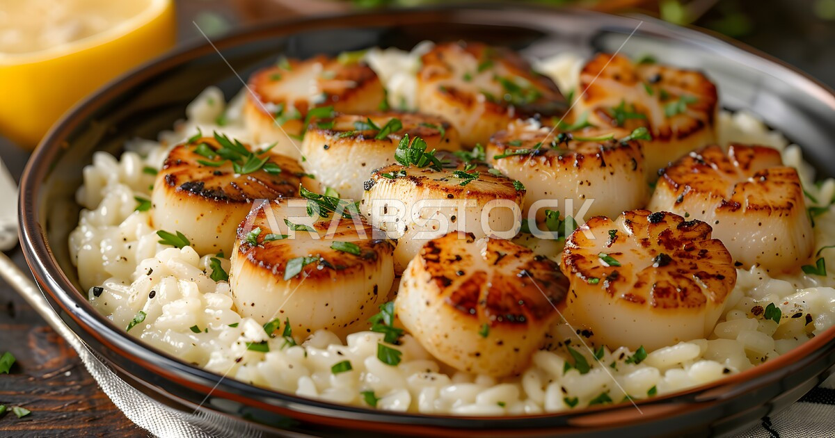 Grilled scallops with creamy risotto, a meal with high nutritional ...