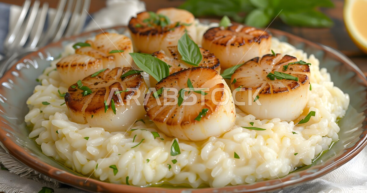 Grilled scallops with creamy risotto, a meal with high nutritional ...