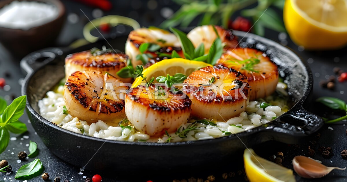 Grilled scallops with creamy risotto, a meal with high nutritional ...