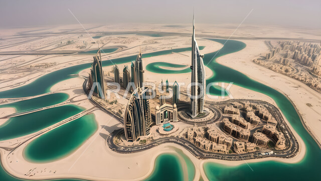 Towers and skyscrapers overlooking the sea in Dubai, a futuristic ...