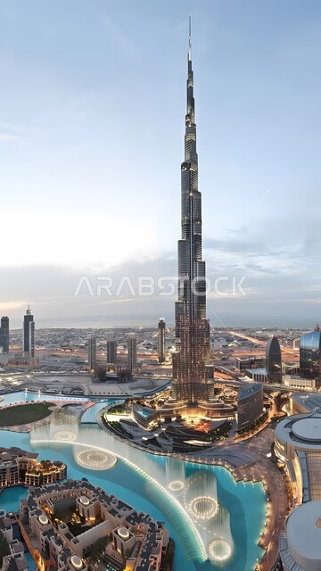 Burj Khalifa in the city of Dubai, urban growth and development on the ...
