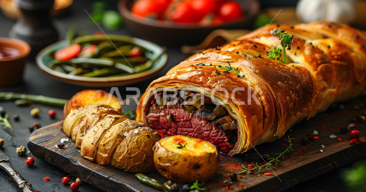 A plate of baked rolls stuffed with grilled beef, delicious oriental ...