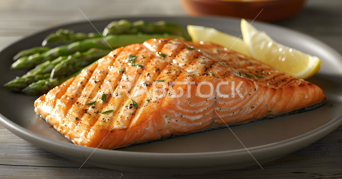 Grilled smoked salmon fillet with herbs and refreshing lemon slices ...