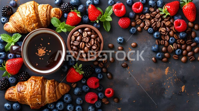 طبق من الفواكه اللذيذة وقطع المكسرات والشوكو اللذيذة مع قطع الكرواسان ...