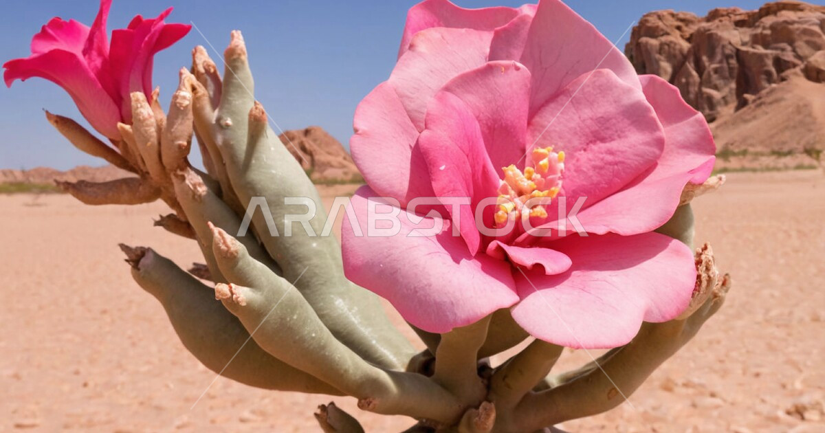 Colorful flowers growing in the deserts of Saudi Arabia, soft golden ...