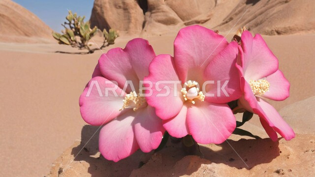 Desert fragrant roses and flowers, soft golden sand, colorful flowers ...